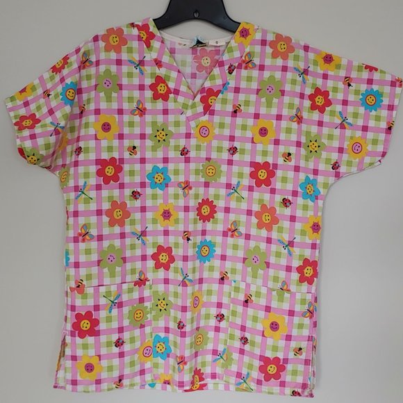 UA Scrubs | Tops | Ua Happy Scrubs Top Smile Flower Ladybug Small ...